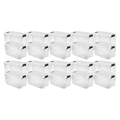 Sterilite 70 Quart Ultra Clear Plastic Stacking Storage Container Tote with Latching Lid for Home Organization in Garage, Attic, or Closets, 20 Pack