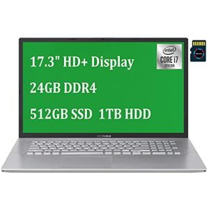 asus vivobook 2021 premium 17 laptop computer i 17.3″ hd+ display i 10th gen intel 4-core i7-1065g7 i 24gb ddr4 512gb ssd 1tb hdd i usb-c bluetooth webcam win10 silver + 32gb micro sd card