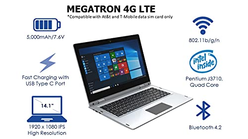 IVIEW Megatron 4G LTE 14.1" Touch Screen, 1920 × 1080 IPS High Resolution, Intel Celeron Dual Core 4GB/64GB Storage 360° Convertible Laptop