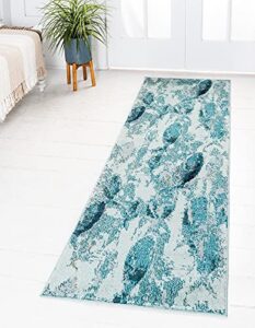 unique loom positano collection coastal modern fish light blue runner rug (3′ x 10′)