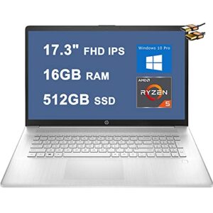 hp 17 business laptop computer 17.3″ fhd ips display amd hexa-core ryzen 5 5500u (beats i7-1160g7) 16gb ram 512gb ssd fingerprint reader usb-c office365 win10 pro silver + hdmi cable