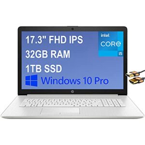 hp 17 flagship laptop computer 17.3″ fhd ips anti-glare display 11th gen intel 4-core i5-1135g7 (beats i7-10510u) 32gb ram 1tb ssd intel iris xe graphics webcam win10 pro silver + hdmi cable