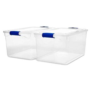 homz 66 quart multipurpose stackable storage container tote bins with secure latching lids for home and office organization, clear (2 pack)