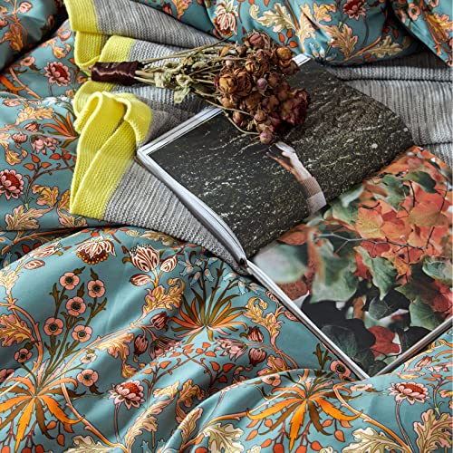 mixinni Vintage Style Garden Flower Duvet Cover Set with Zipper Closure Soft Cotton Yellow Flower Pattern on Blue Bedding Quilt Cover Set(King, All Season)