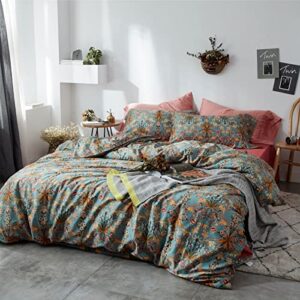 mixinni Vintage Style Garden Flower Duvet Cover Set with Zipper Closure Soft Cotton Yellow Flower Pattern on Blue Bedding Quilt Cover Set(King, All Season)