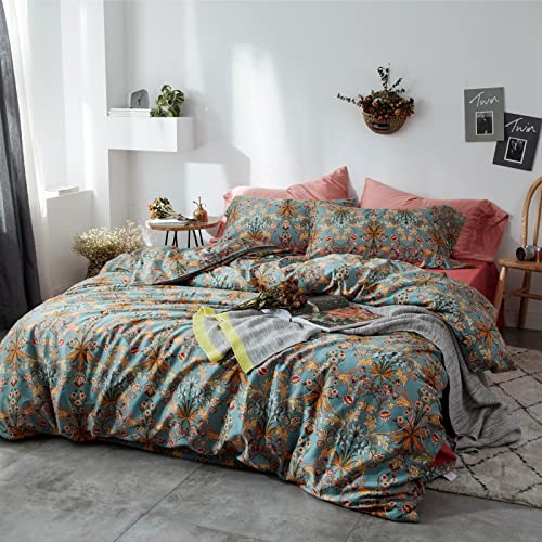 mixinni Vintage Style Garden Flower Duvet Cover Set with Zipper Closure Soft Cotton Yellow Flower Pattern on Blue Bedding Quilt Cover Set(King, All Season)