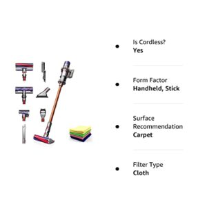 Flagship Dyson Cyclone V10 Absolute Cordless Stick Vacuum Cleaner: Powerful Dyson Digital Motor V10, 14 Cyclones, Bagless, Rechargeable, Whole-Machine Filtration + Microfiber Cloth