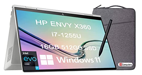 HP 2022 Envy X360 15 15t 2-in-1 Touchscreen (Intel 12th Gen i7-1255U, 16GB RAM, 512GB SSD, Webcam, Stylus) 15.6" FHD Convertible Laptop, Backlit KB, 2 x Thunderbolt 4, IST Computers Bag, Win 11 Home