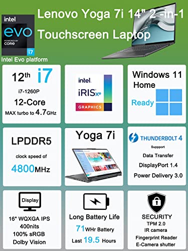 Lenovo Yoga 7 7i 16" WQXGA (2560x1600) 2-in-1 Touchscreen (Intel 12th Gen i7-1260P, 16GB RAM, 1TB SSD, IST Computers Active Stylus) Business Laptop, Backlit KB, Thunderbolt 4, Webcam, Win 11 Home