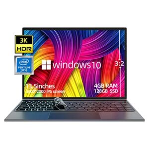 windows 10 laptop,13.5 inch pentium j3710 quad core, 4gb ram+128gb ssd, thin & light notebook pc,3000×2000 3k panel, 5g+ac wifi, all-metal body, backlit keyboard, finger print, wps,hdmi, gray