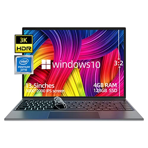 Windows 10 Laptop,13.5 Inch Pentium J3710 Quad core, 4GB RAM+128GB SSD, Thin & Light Notebook PC,3000x2000 3K Panel, 5G+AC WiFi, All-Metal Body, Backlit Keyboard, Finger Print, WPS,HDMI, Gray