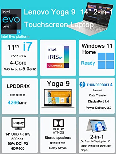 Lenovo Yoga 9i 14" UHD 4K (3840x2160) 2-in-1 Touchscreen (Intel 4-Core i7-1195G7, 16GB LPDDR4x RAM, 512GB SSD, Active Stylus), Business Laptop, Backlit, Thunderbolt 4, Windows 11 Home (Renewed)