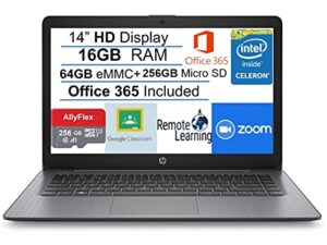 newest hp stream 14″ hd sva laptop computer, intel celeron n4000 processor, 16gb ram, 320gb space(64gb emmc+256gb msd), office 365, hdmi, bluetooth, windows 10, black, allyflex mp, online class ready