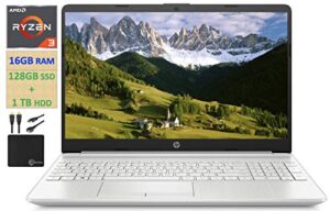 2021 hp flagship 15.6” hd laptop computer, amd ryzen 3 3250u up to 3.5ghz (beat intel i5-7200u), 16gb ram, 128gb ssd+1tb hdd, hd webcam,remote work,wifi, bluetooth 4.2, hdmi, win10 s, w/marxsol cables