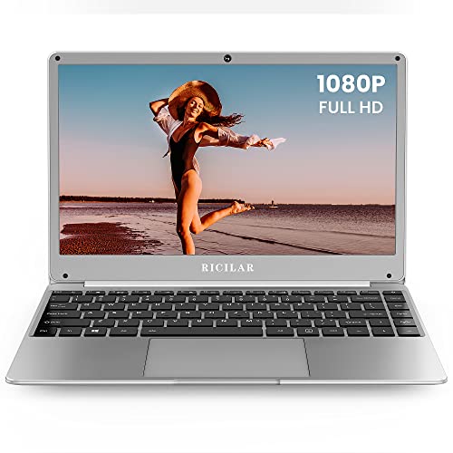 RICILAR Windows Laptop, 14 Inch HD Display, Intel Celeron N4020, 4GB RAM, 128GB SSD, Backlit Keyboard, Type C, HDMI, Wi-Fi 5, Silver, School Laptop Computer for Students and Business