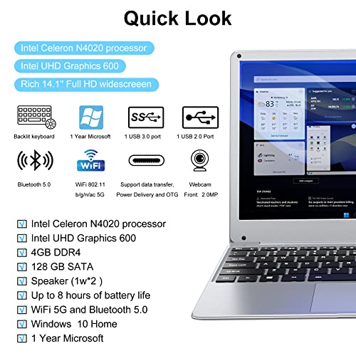 RICILAR Windows Laptop, 14 Inch HD Display, Intel Celeron N4020, 4GB RAM, 128GB SSD, Backlit Keyboard, Type C, HDMI, Wi-Fi 5, Silver, School Laptop Computer for Students and Business