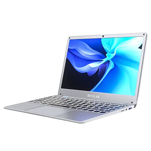 RICILAR Windows Laptop, 14 Inch HD Display, Intel Celeron N4020, 4GB RAM, 128GB SSD, Backlit Keyboard, Type C, HDMI, Wi-Fi 5, Silver, School Laptop Computer for Students and Business