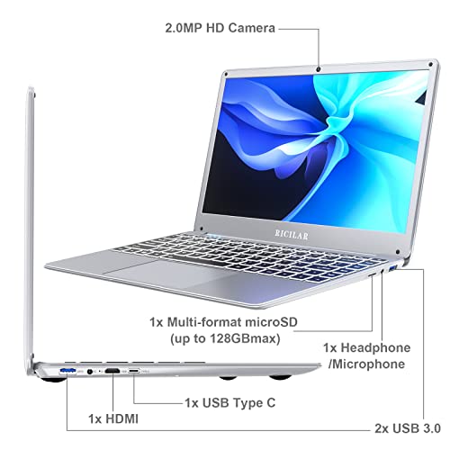 RICILAR Windows Laptop, 14 Inch HD Display, Intel Celeron N4020, 4GB RAM, 128GB SSD, Backlit Keyboard, Type C, HDMI, Wi-Fi 5, Silver, School Laptop Computer for Students and Business