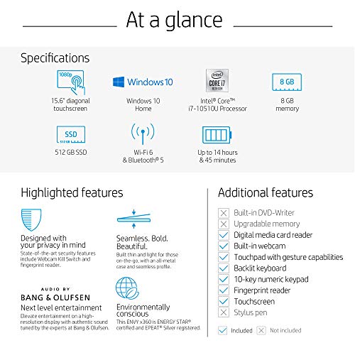 HP ENVY x360 Convertible 15-inch FHD Touchscreen 2-in-1 Laptop, 10th Gen Intel Core i7-10510U, 8GB RAM, 512GB SSD, Windows 10 Home, Fingerprint Reader, Webcam Kill Switch (15-dr1010nr, Natural Silver)