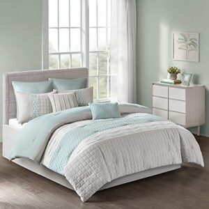 510 design cozy comforter set – geometric honeycomb design, all season down alternative casual bedding with matching shams, decorative pillows, full/queen (90″x90″), seafoam/grey 8 piece