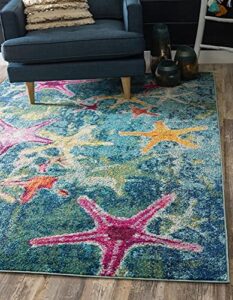 unique loom positano collection coastal modern bright colors starfish navy blue area rug (8′ x 10′)