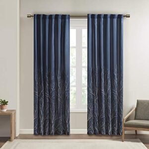 madison park andora embroidered back tab fabric single window living room, transitional rod pocket light curtain for bedroom, 1-panel pack, 50 x 84, navy