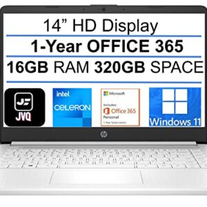 2022 Newest HP Stream 14" HD Laptop, Intel Celeron N4020(up to 2.8GHz), 16GB RAM, 320GB Space(64GB eMMC+256GB Card), 1-Year Office 365, WiFi, HDMI, USB-C, Webcam, Bluetooth, Windows 11S, White+JVQ MP