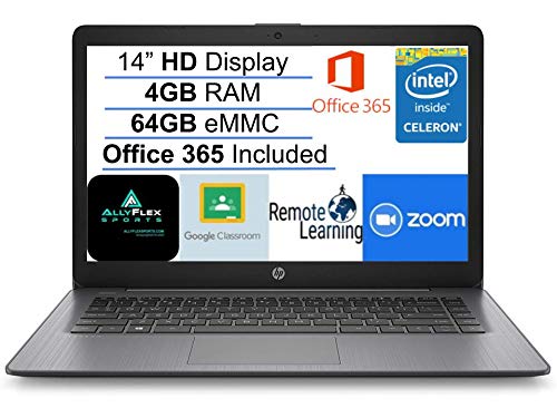 Newest HP Stream 14" HD SVA Laptop Computer, Intel Celeron N4000 Processor, 4GB RAM, 64GB eMMC Flash Memory, 1-Year Office 365, HDMI, Bluetooth, Windows 10, Black, AllyFlex MP, Online Class Ready