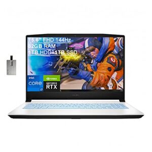 2022 msi sword gaming 15.6″ fhd 144hz laptop computer, 11th gen intel core i7-11800h, 32gb ram, 1tb hdd+ 1tb pcie ssd, backlit keyboard, geforce rtx 3050 ti, windows 10, white, 32gb snowbell usb card…