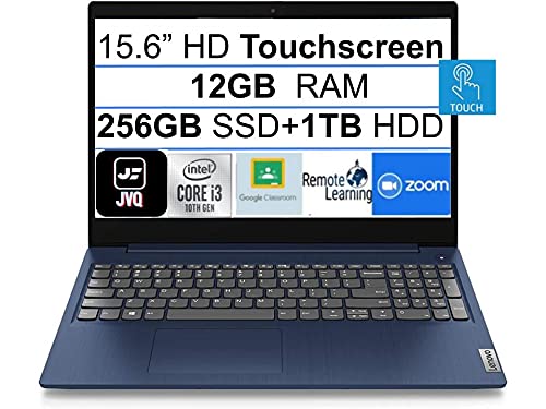 Lenovo 2021 Newest 15 IdeaPad 3 15.6" HD Touchscreen Laptop, 10th Gen Intel i3-10110U (Up to 4.1GHz Beat i5-7200U), 12GB RAM, 256GB SSD+1TB HDD, Webcam, WiFi, HDMI, Windows 10 S, Abyss Blue+JVQ MP