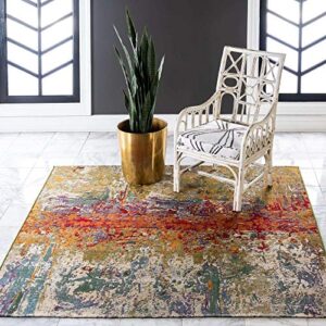 unique loom modern collection rustic, abstract, distressed, bright colors, indoor and outdoor area rug, 6 ft 0 in x 6 ft 0 in, multi/green