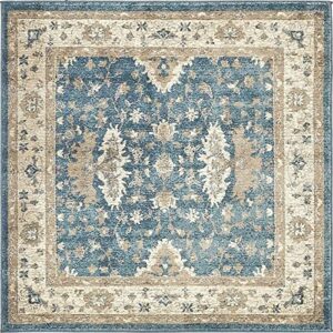 unique loom salzburg collection classic traditional medallion design oriental inspired area rug, 4′ 0″ x 4′ 0″, blue/beige