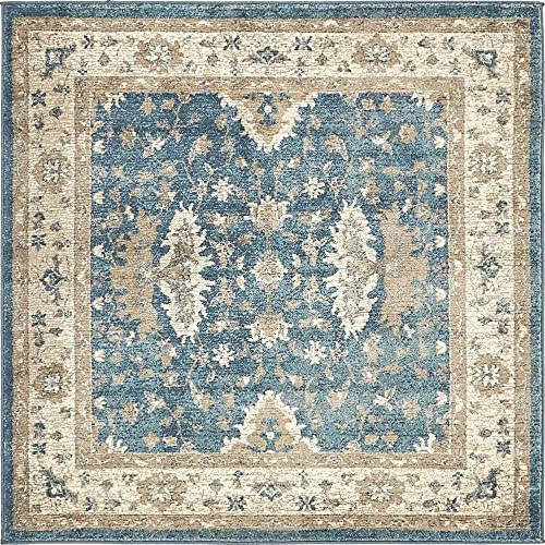 Unique Loom Salzburg Collection Classic Traditional Medallion Design Oriental Inspired Area Rug, 4' 0" x 4' 0", Blue/Beige