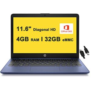 hp stream 11 laptop 11.6″ diagonal hd sva anti-glare display intel celeron n4000 processor 4gb ram 32gb emmc usb-c bluetooth microsoft 365 for 1 year win10 blue + hdmi cable