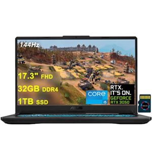 asus tuf gaming f17 premium laptop i 17.3″ fhd 144hz ips i 11th gen intel 6-core i5-11260h (>i7-8850h) i 32gb ddr4 1tb ssd i geforce rtx 3050 4gb i backlit usb-c hdmi win10 + 32gb microsd card