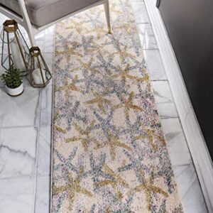 Unique Loom Positano Collection Coastal Modern Light Colors Starfish Beige Runner Rug (2' x 7')