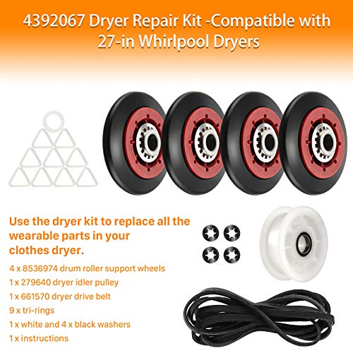 4392067 Dryer Repair Maintenance Kit for Whirlpool Kenmore Maytag Dryers,with WPW10314173 Drum Roller&661570V Belt&279640 Idler Pulley,Replaces 4392067VP AP3109602 587637 80047 2015