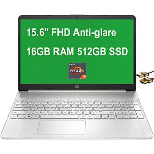 hp business 15 laptop computer 15.6″ fhd anti-glare display amd hexa-core ryzen 5 5500u (beats i7-10510u) 16gb ram 512gb ssd usb-c hd webcam win10 pro silver + hdmi cable