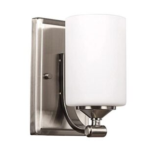 hampton bay 1-light brushed nickel wall sconce with frosted opal glass shade. model # 17678