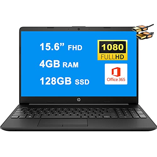 HP 15 Laptop 15.6” Diagonal FHD IPS Display Intel Celeron N4020 Processor 4GB RAM 128GB SSD Intel UHD Graphics 600 USB-C Office365(1-Year) Webcam Win10 Black + HDMI Cable