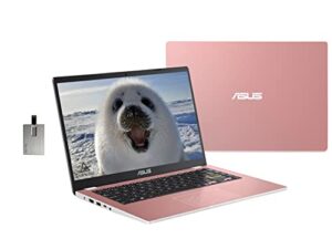 asus 2022 14″ hd laptop, intel celeron n4020 processor, 4gb ram, 64gb emmc flash memory, intel hd graphics 500, hd webcam, stereo speakers, rose gold, windows 11s, 32gb usb card