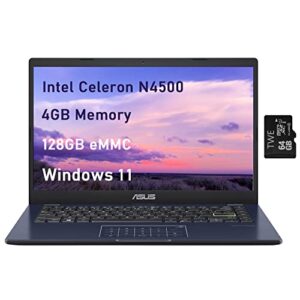 asus e410 14″ laptop, intel celeron n4500, 4gb ram, 128gb emmc ssd, windows 11 home in s mode, twe 64gb micro sd card, star black