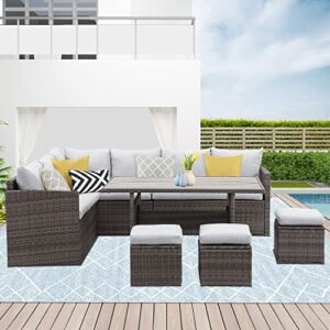 Wisteria Lane Outdoor Patio Furniture Set, 7 Piece Outdoor Dining Sectional Sofa with Dining Table and Chair, All Weather Wicker Conversation Set with Ottoman, Grey