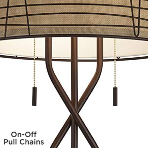 Franklin Iron Works Marlowe Industrial Rustic Farmhouse Lamp Floor Standing 60 1/2" Tall Bronze Woven Iron Metal Burlap Fabric Double Drum Shade for Living Room Reading Bedroom Office House Home