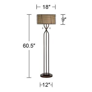 Franklin Iron Works Marlowe Industrial Rustic Farmhouse Lamp Floor Standing 60 1/2" Tall Bronze Woven Iron Metal Burlap Fabric Double Drum Shade for Living Room Reading Bedroom Office House Home