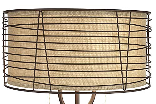 Franklin Iron Works Marlowe Industrial Rustic Farmhouse Lamp Floor Standing 60 1/2" Tall Bronze Woven Iron Metal Burlap Fabric Double Drum Shade for Living Room Reading Bedroom Office House Home