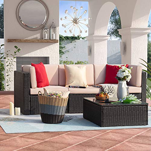 Homall 4 Pieces Patio Outdoor Furniture Sets, All Weather PE Rattan Wicker Sectional Sofa Modern Manual Conversation Sets with Cushions and Glass Table for Lawn Backyard Garden Poolside（Beige）