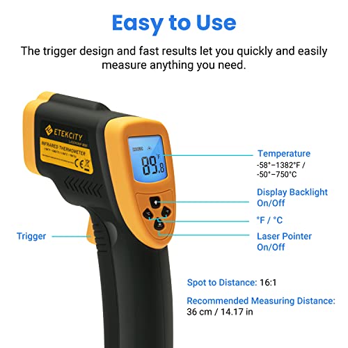 Etekcity Lasergrip 800 Temperature Gun-58℉ to 1382℉ with 16:1 DTS Ratio, High Laser Temp IR Tool for Cooking, Grill, Pizza Oven, Griddle, Engine, HVAC, Not for Human, Yellow