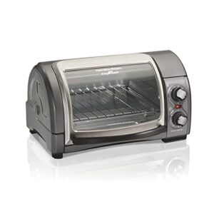 hamilton beach easy reach 4-slice countertop toaster oven with roll-top door, 1200 watts, fits 9” pizza, 3 cooking functions for bake, broil and toast, silver (31344da)