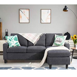 shintenchi convertible sectional sofa couch, modern linen fabric l-shaped , 3-seat sofa sectional with reversible chaise for living room, apartment and small space (dark grey)